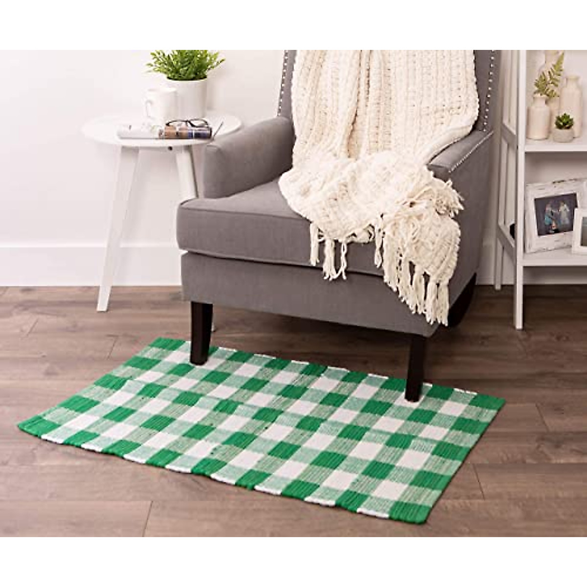 DII Buffalo Check Rug Collection, Hand Dyed Reversible Chindi Rug, 26x40, Green