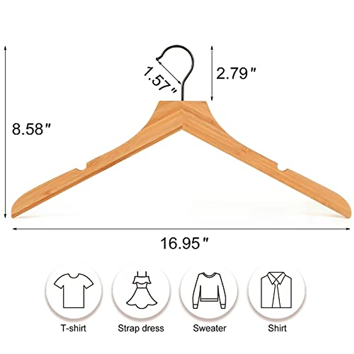 TOPIA HANGER Bamboo Wooden Hangers, Clothes Hangers with Rotatable Black Hook and Smooth Cut Nothces, Set of 12 Durable and Slim Wood Hangers for Coats, Suits, Jackets, Sweaters, Dresses - CTS03