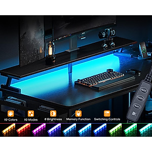 ODK 55-Inch L Shaped Gaming Desk with LED Lights & USB Power Outlets, Reversible Computer Desk with 4 Drawers, Corner Gamer Desk with CPU Shelf & Monitor Stand, Gaming Table for Bedroom, Black