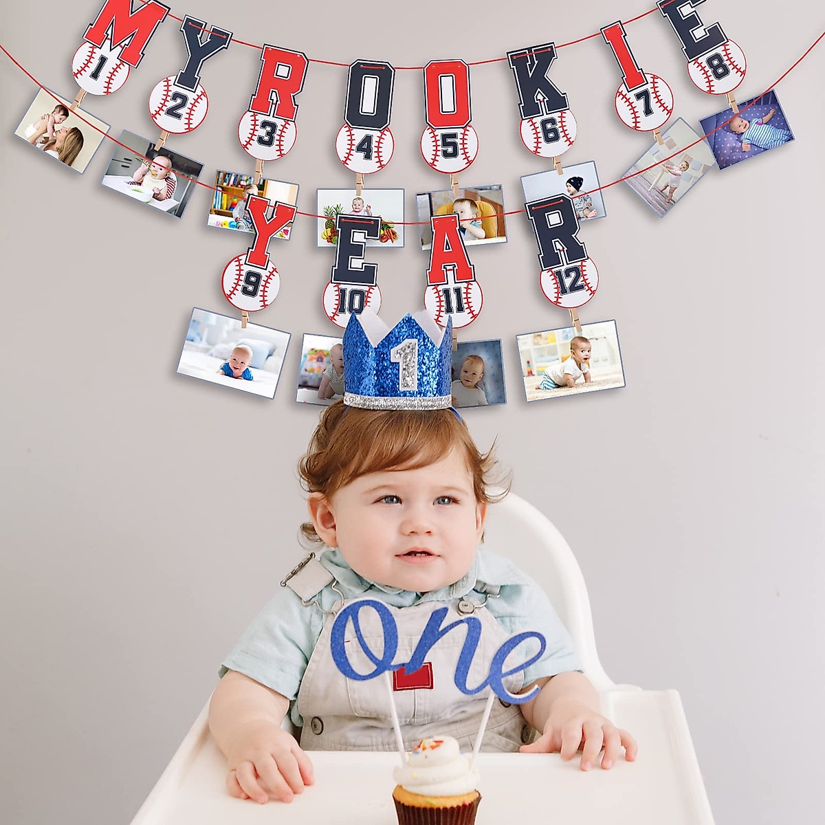 2 Pcs 1st Birthday Monthly Photo Banner Rookie of the Year 1st Birthday Banner Kid's 1st Year Picture Banner One Birthday High Chair Banner Sports Party Supplies Shower Decorations (Baseball)