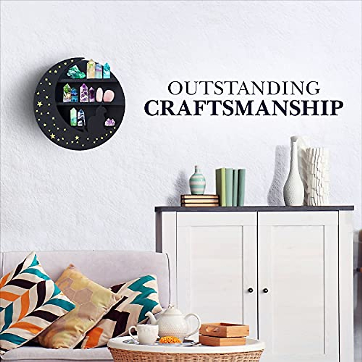 Black Crescent Moon Shelf for Crystals - Crystal Moon Shelves, Crystal Shelf Display for Stones, Moon Wall Shelf for Crystals and Stones, Moon Shelf Wall Decor, Moon Crystal Shelves, 12"x12"x3"