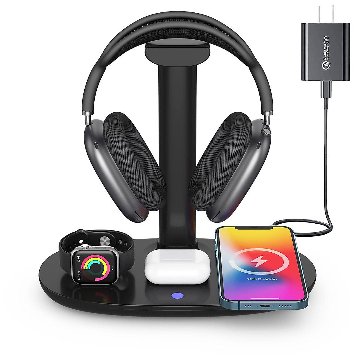 Headphone Stand with 15w Wireless Charger, Suguder 4 in 1 Charging Station Headset Holder for AirPods Max/Pro/4/3/2 iWatch 10/9/8/7/6/5/4/3/2/1/SE iPhone 16/15/14/13/12/11/X for Desktop Table Game