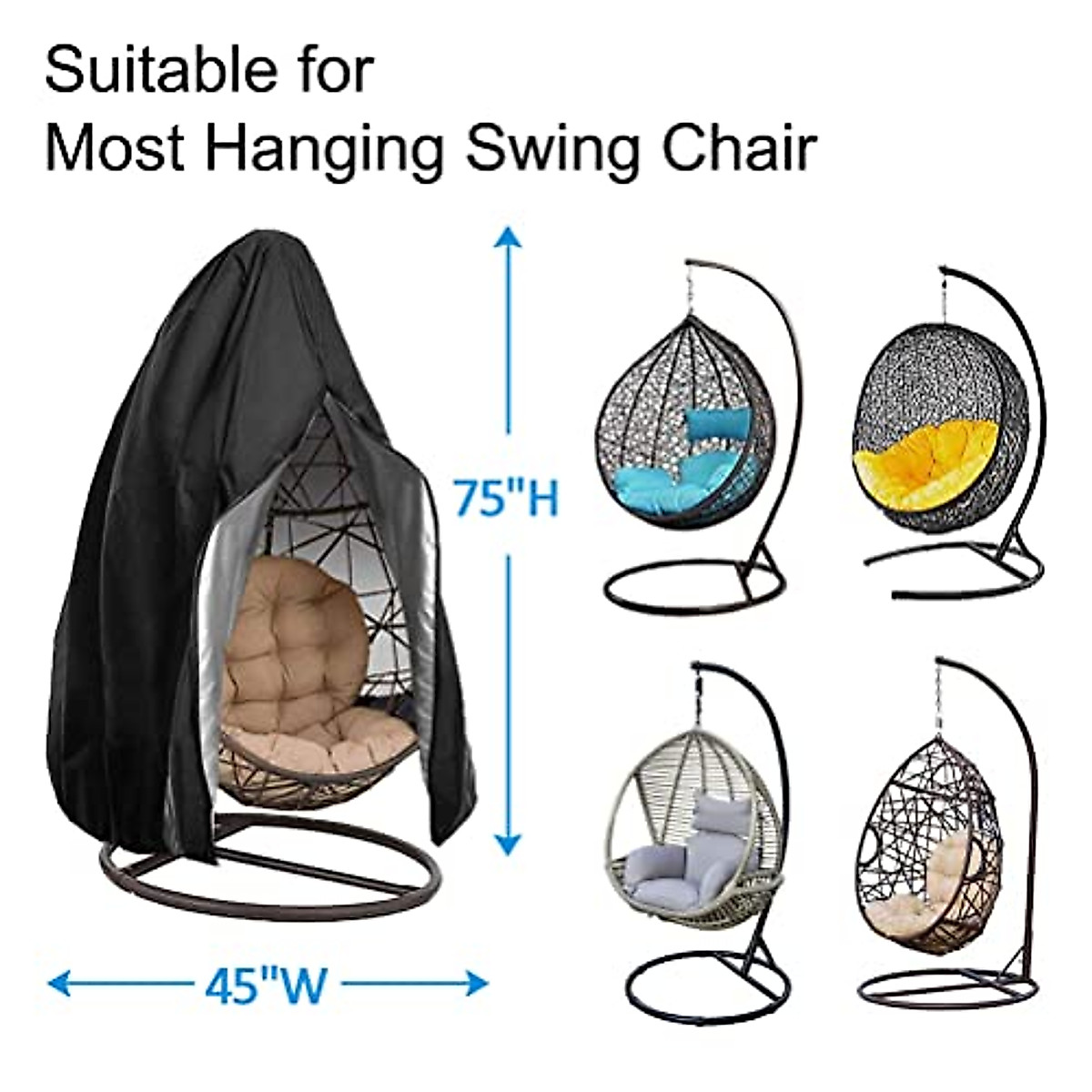 Oslimea Patio Hanging Egg Chair Cover, Waterproof with Zipper, Wind-Proof Swing Egg Chair Cover with Bottom Buckle, Outdoor Wicker Single Seat Egg Chair Covers, Black