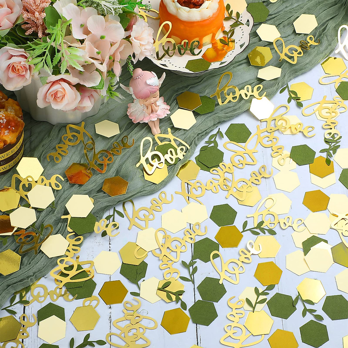 400 Pcs Greenery Wedding Table Confetti Decorations, Sage Olive Green Confetti Table Scatter Dots with Eucalyptus and Gold Love Confetti for Bridal Shower Wedding Decor(Wedding Style)