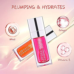 ZARICS Plumping Lip Oil, Hydrating Lip Gloss Tinted Lip Balm Lip Care Transparent Toot Lip Oil, Long Lasting Nourishing Lip Glow Oil Non-sticky Big Brush Glitter Shine Primer Lip Tint (CHERRY)
