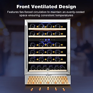 Tylza 24 Inch Wine Cooler Refrigerator 46 Bottle Dual Zone Built-in or Freestanding 24'' Wine Fridge with Stainless Steel & Professional Compressor and Temperature Memory Function