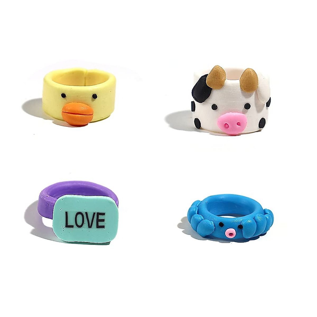 Pingyongchang 9pcs Colorful Chunky Clay Ring, Cute Animal Resin Personalized Colorful Funny Stackable Finger Rings Jewelry Gift for Women Teen Girls
