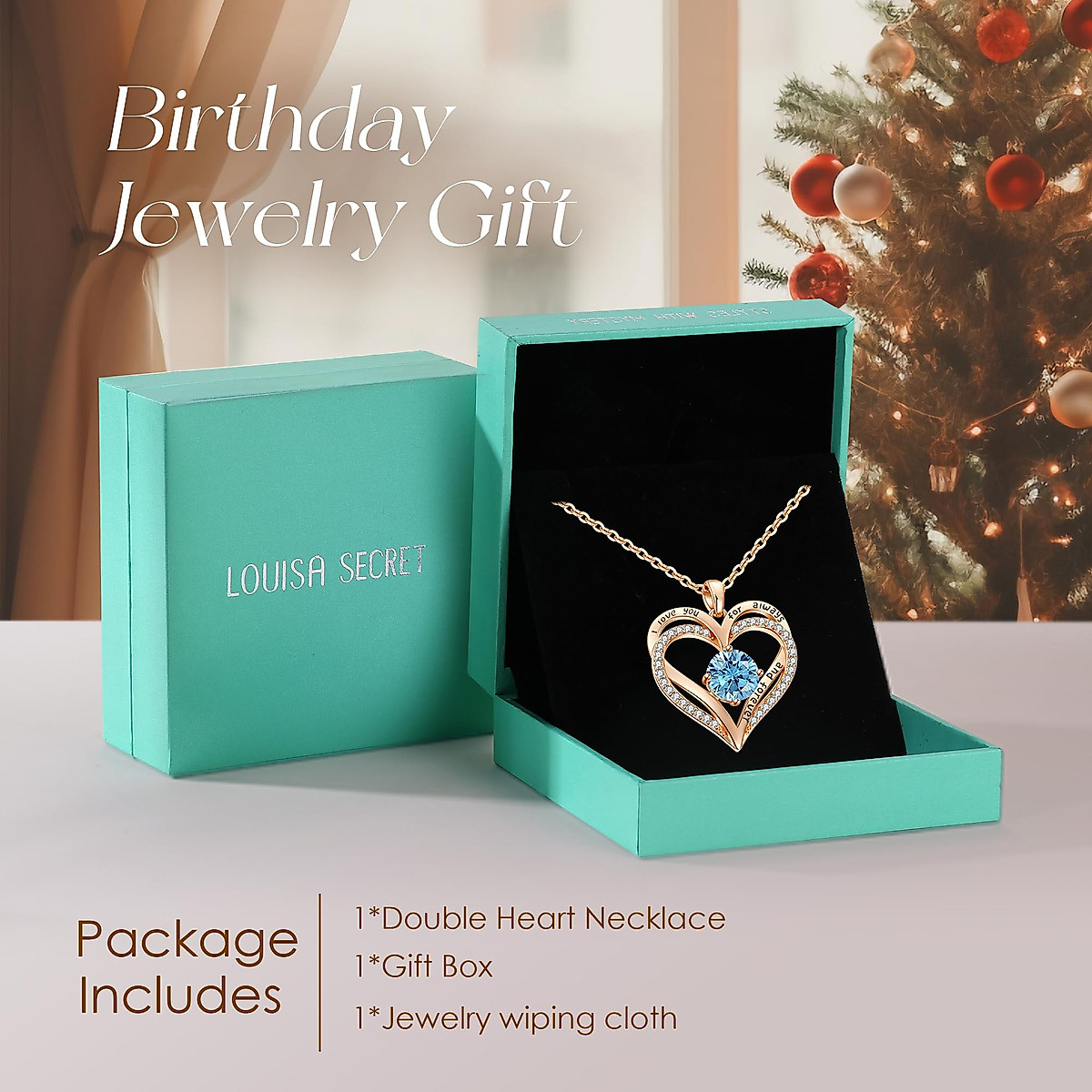 LOUISA SECRET Love Heart Birthstone Necklaces for Women 925 Sterling Silver Christmas's Day Gifts for Women Her Wife Girlfriend Mother Rose Gold Diamond Jewelry Anniversary Birthday Gifts