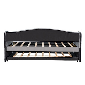 GINGVAT Stylish Upholstered Daybed Sofa Bed with Twin Size Trundle and Wood Slat, Gray, White