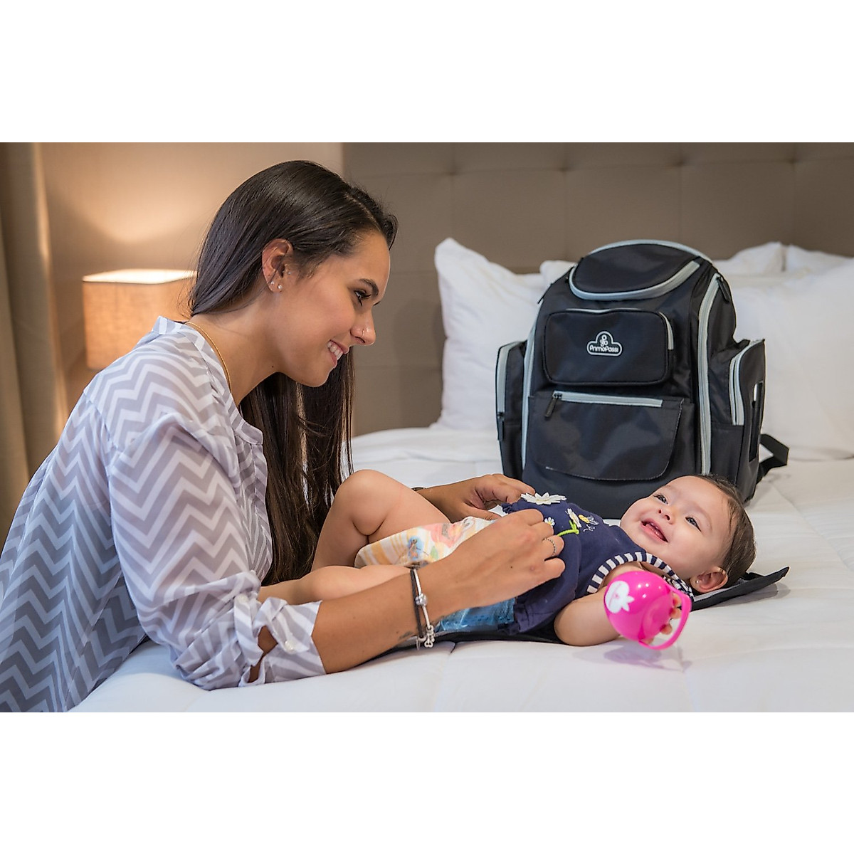 Primo Passi Baby Diaper Bag Backpack with Insulated Pockets, Wipes Case, Changing Pad, and Stroller Straps (Grey)