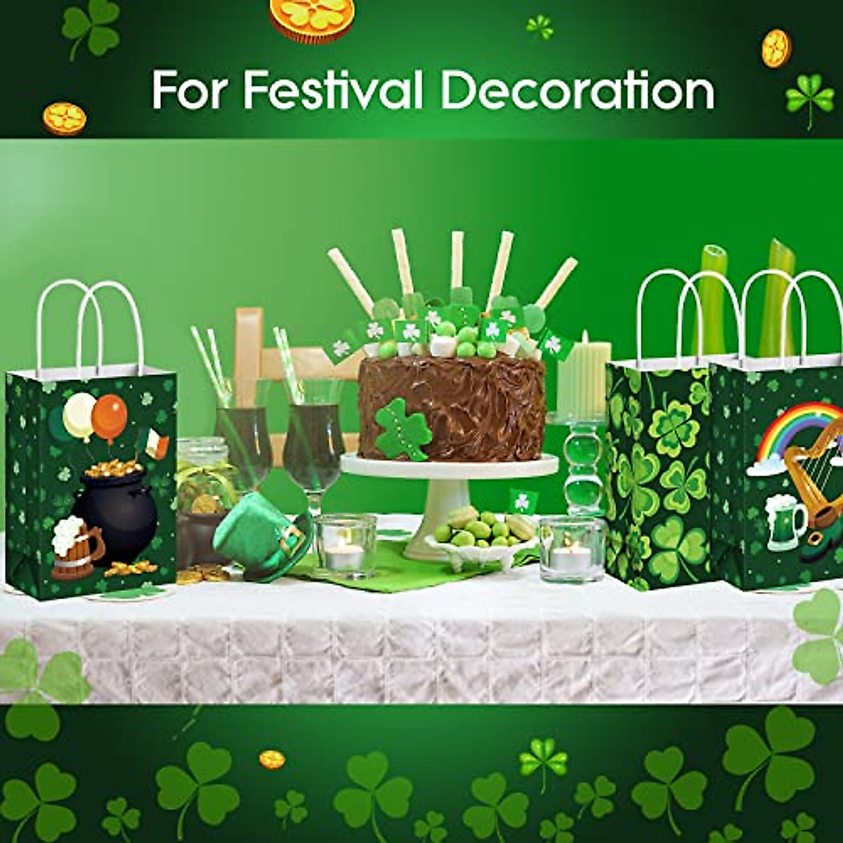 Yexiya 120 Pieces St. Patrick's Day Paper Gift Bags with Handles Lucky Shamrock Treat Bags Bulk 8.7 x 6.3 x 3.15 Inches Goodie Bags for Kids Classroom Party Favors Supplies (Shamrock)