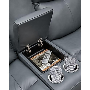 Signature Design by Ashley Mindanao Modern Leather Match Upholstered Power Reclining Loveseat with Console, USB Ports and Cup Holders, Gray