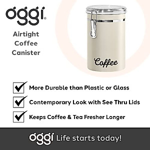 Oggi Stainless Steel Coffee Canister 62oz - Airtight Clamp Lid, Warm Gray, Tinted See-Thru Top - Ideal for Coffee Bean Storage, Ground Coffee Storage, Kitchen Storage, Pantry Storage. 5 x 7.5