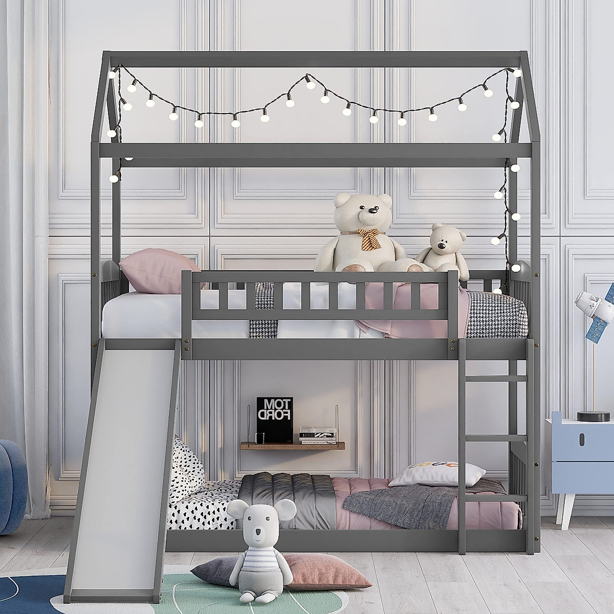 House Bunk Beds with Slide Twin Over Twin Floor Bunk Bed Frame Wood Playhouse Bunkbed with Storage for Kids Toddlers Girls/Boys, Gray