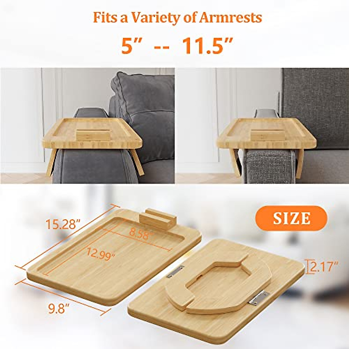 AMBIRD Sofa Arm Tray Bamboo Sofa Tray Table Clip on Side Table Couch ...