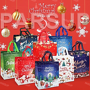 PARSUP 8PCS Large Christmas Gift Bags, Tote Bags with Handles, Christmas Treat Bags, Multifunctional Non-Woven Christmas Bags for Gifts Wrapping Shopping, Xmas Party Supplies, 15"×13.8"×5.9"