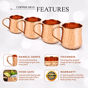 Moscow Mule Cups Set of 4. Copper Mugs Made from Pure Hammered Copper. Mule Mug Kit with Copper Shot Glass and Straws - 16oz