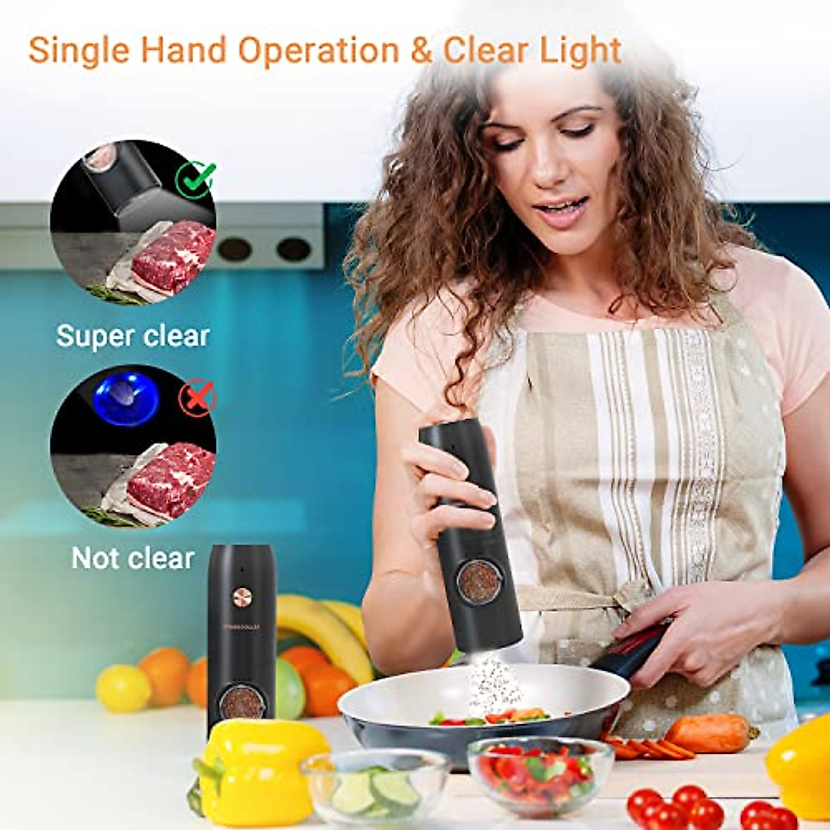 Nidouillet Electric Salt and Pepper Grinder Set, USB Rechargeable Automatic Salt Pepper Grinder Mill With LED Light, 2 Larger Capacity Black Refillable Mills, Adjustable Coarseness, One Hand Operation