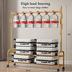 Thick forest Gold Clothes Rack Gold Clothing Rack Gold Garment Rack Rolling Organizer with Wheels Bottom Shelves Double Tiers for Multipurpose (Gold)