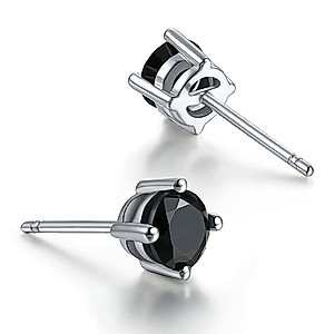 Solitaire Round Black Onyx 925 Sterling Silver Stud Earrings Platinum Plated Fine Jewelry for Women Men 5mm