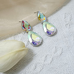 CSY Elegant Austrian Crystal Necklace Drop Earrings Bracelet Set Bridal Wedding Prom Costume Jewelry Sets for Brides Bridesmaid (iridescent AB crystal-silver tone)