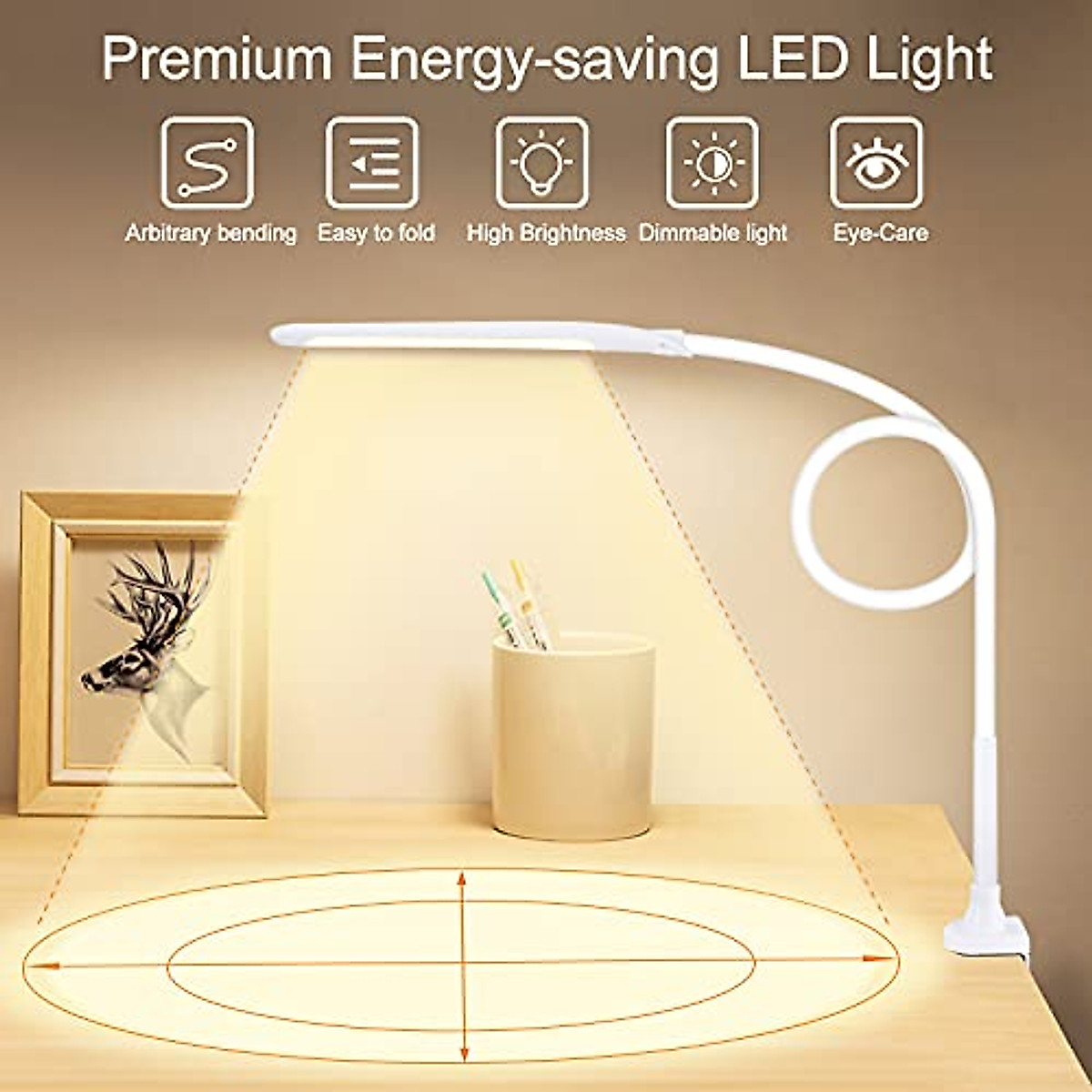 HAILOLY Desk Lamps for Home Office, White Desk Lamp with Clamp, LED Desk Lamp with USB Port,Eye-Caring Office Light Dimmable, Clamp Lamp for Desktop,Workbench