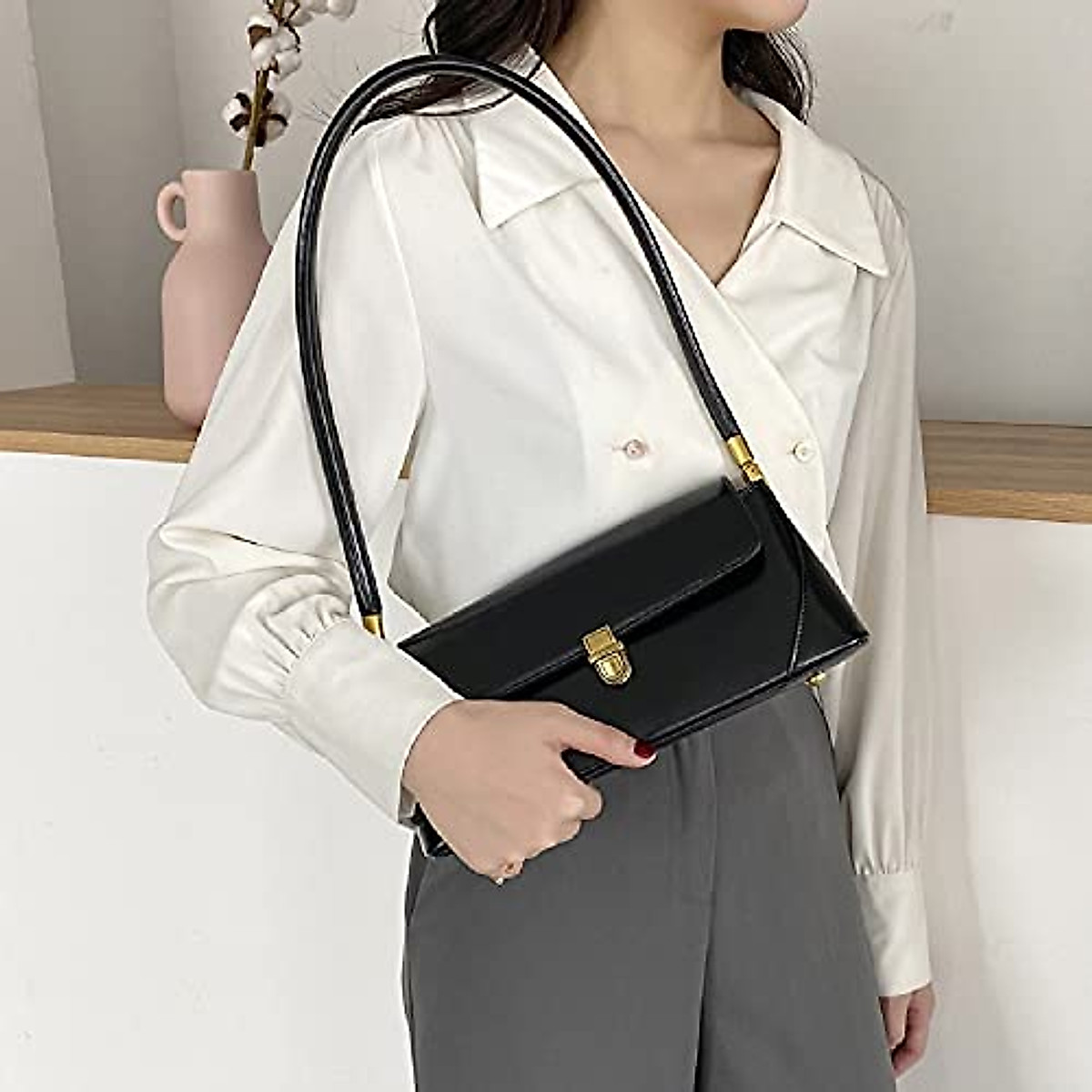 Small Clutch Shoulder Bag for Women Leather Mini Tote Handbag Purse with Buckle Closure (black)