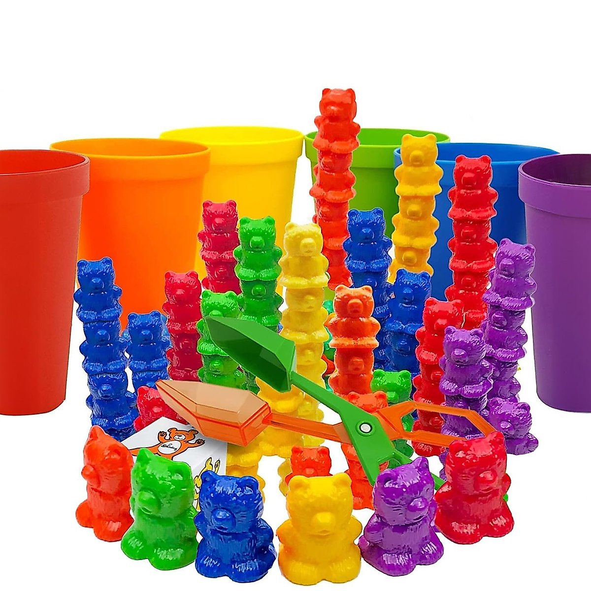 Skoolzy Rainbow Stacking Bears with Matching Sorting Cups 69 Piece Set, 60 Bear counters, Scissor Tongs, Rainbow Cups, Storage Bag, Sorting dice Game