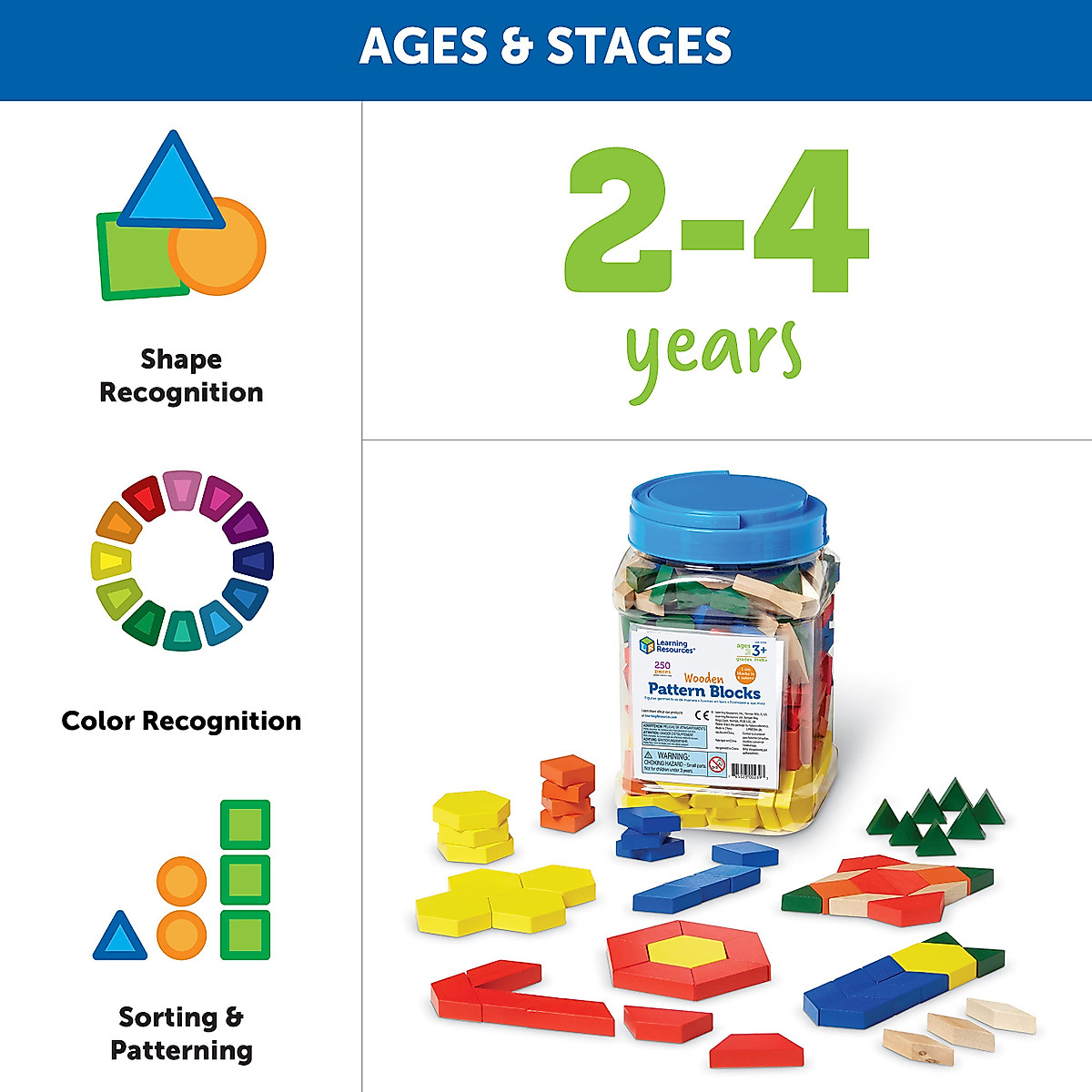 Learning Resources Wooden Pattern Blocks, Early Math Concepts, Set of 250, Ages 3+