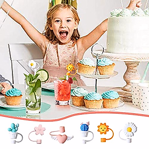 YEJAHY 6Pcs Silicone Straw Cover, Dust-Proof Straw Plugs, Reusable Drinking Dust Caps, Cute Straw Covers Protector, Drinking Straw Tips Lids (Flower)