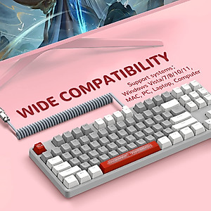 Magic-Refiner AK873 Gaming Keyboard,Rainbow Led Backlit,Hot-Swappable Linear Red Switch,PBT Keycap,75% TKL Layout,Ergonomic Mechanical Keyboard with Custom Coiled USB/Type-C Aviation Cable(White Grey)