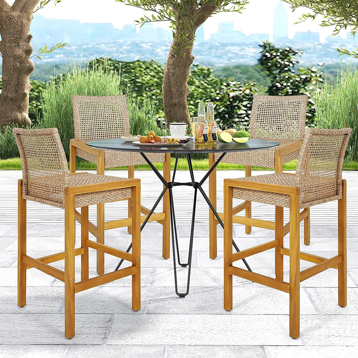 HAPPYGRILL Wicker Bar Stools Set of 2, Patio Chairs with Solid Wood Frame, Ergonomic Footrest, Indoor Outdoor Bar Height Chairs for Backyard Poolside Garden