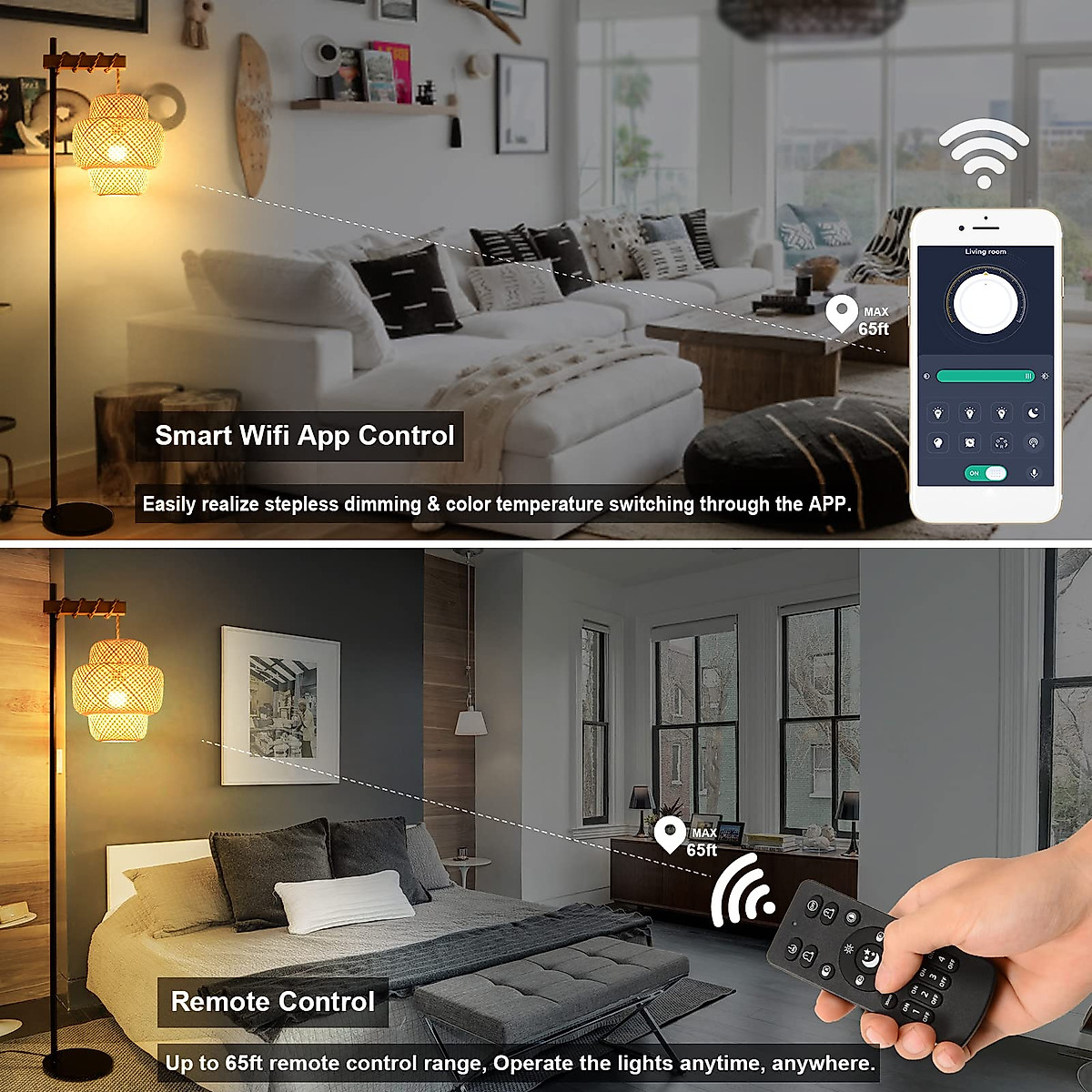 Stepeak Boho Floor Lamp with Remote, Farmhouse Dimmable Rattan Standing Lamp with Smart Blub, Bamboo Lampshade, App Control, Wood Black Tall Lamps for Living Room Bedroom Office, 9W LED Bulb Included