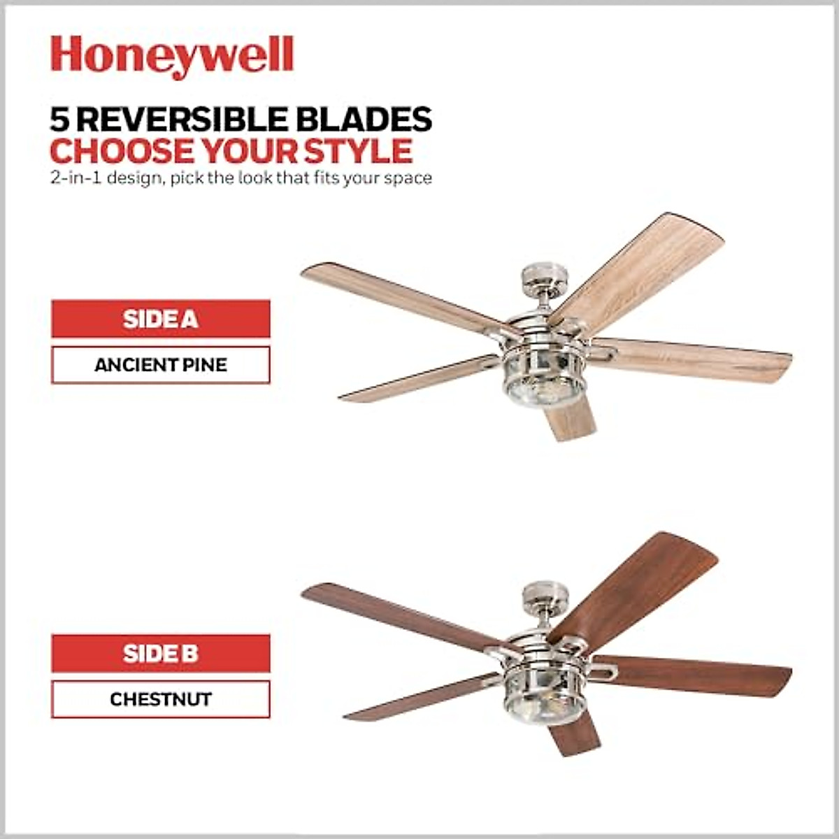 Honeywell Ceiling Fans Bonterra, 52 Inch Contemporary Indoor LED Ceiling Fan with Light and Remote Control, Dual Finish Blades, Reversible Motor - Model 50610-01 (Brushed Nickel)