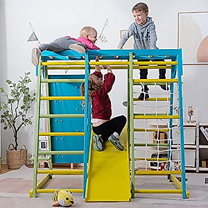 Avenlur Magnolia Indoor Playground 6-in-1 Jungle Gym Montessori Waldorf Style Wooden Climber Playset Slide, Rock Climbing Wall, Rope Wall Climber, Monkey Bars, Swing for Toddlers, Children Kids 2-6yrs