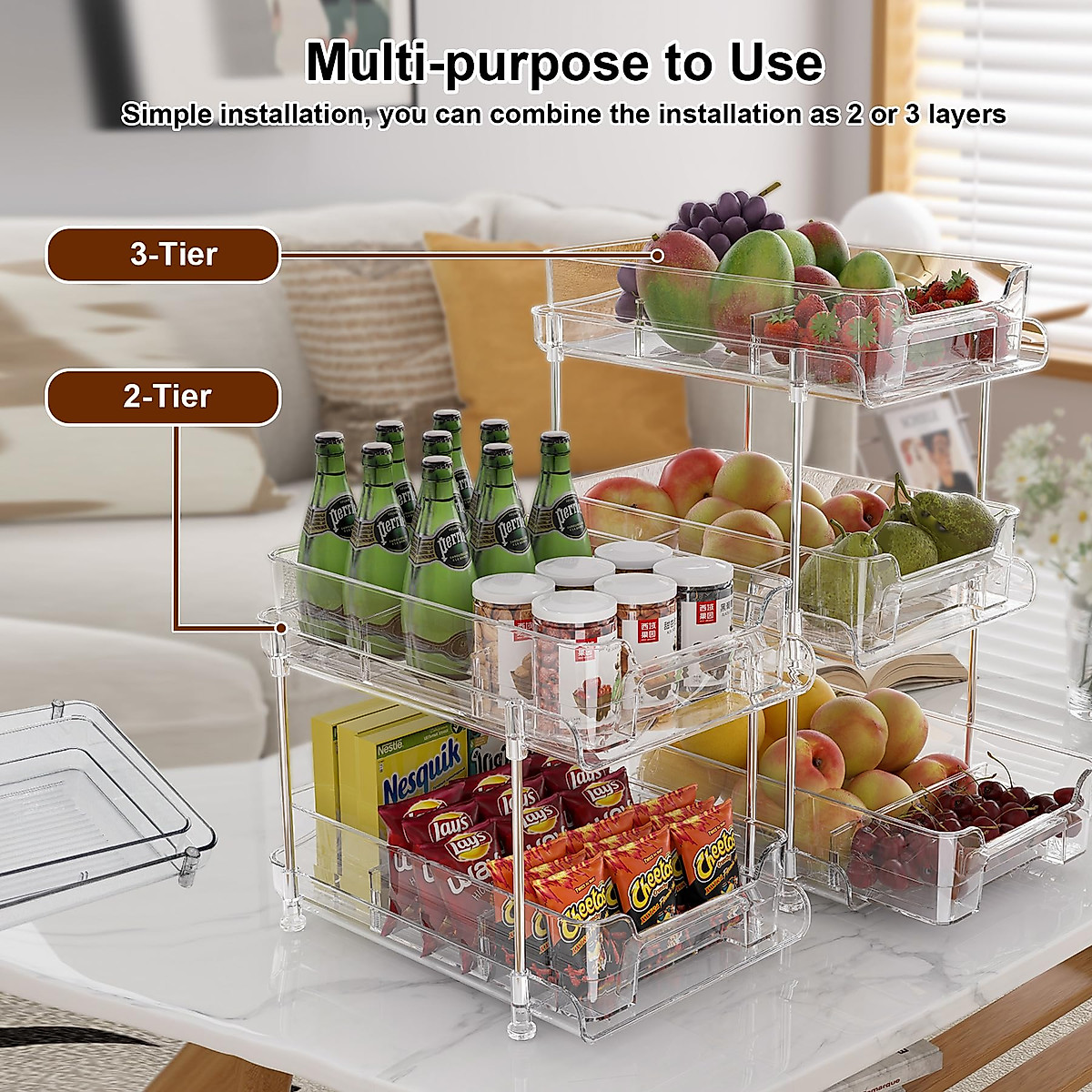 KELLODY 3 Tier Bathroom Storage Organizer with Dividers, Clear Under Sink Organizers and Storage Multi-Purpose Pull Out Cabinet Organizer for Bathroom Kitchen, Vanity Makeup Organizer