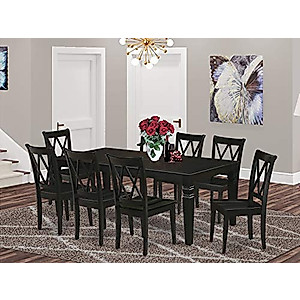 EAST WEST FURNITURE 9Pc Rectangle 66/84 inch Dining Table With 18 In Leaf And 8 Wood Seat Dining Chairs