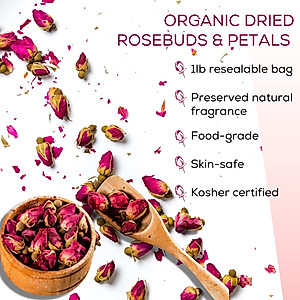 Dried Rose Petals and Rose Buds - Red - 1 Pound Edible Flowers - Use in Tea, Baking, Making Rose Water, Crafting, Wedding Confetti - Included Sample Bottle of Rose Absolute Essential Oil - by bMAKER