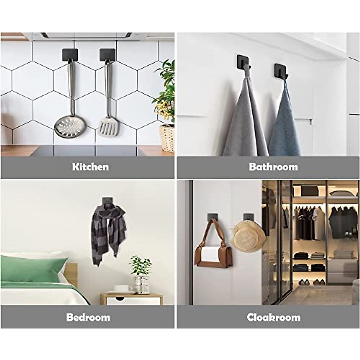 Adhesive Hooks - 5 Pack Heavy Duty Wall Hooks Waterproof Stainless Steel Hooks for Hat Towel Robe Hooks Rack Wall Mount - Bathroom Kitchen Home Hotel Office Cabinet and Bedroom Matte BLACK03