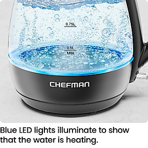 Chefman 1L Electric Tea Kettle with LED Lights, Automatic Shut Off, Removable Lid, Boil-Dry Protection, Hot Water Electric Kettle Water Boiler, Electric Kettles for Boiling Water