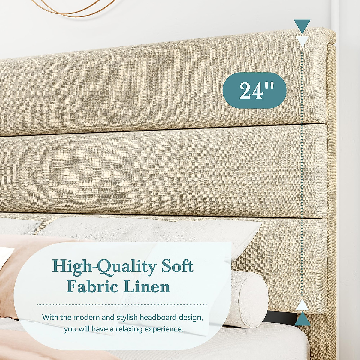 HOOMIC Queen Size Bed Frame with Headboard, Fabric Upholstered Platform Bed with Strong Wood Slats Support, Mattress Foundation, No Box Spring Needed, Beige