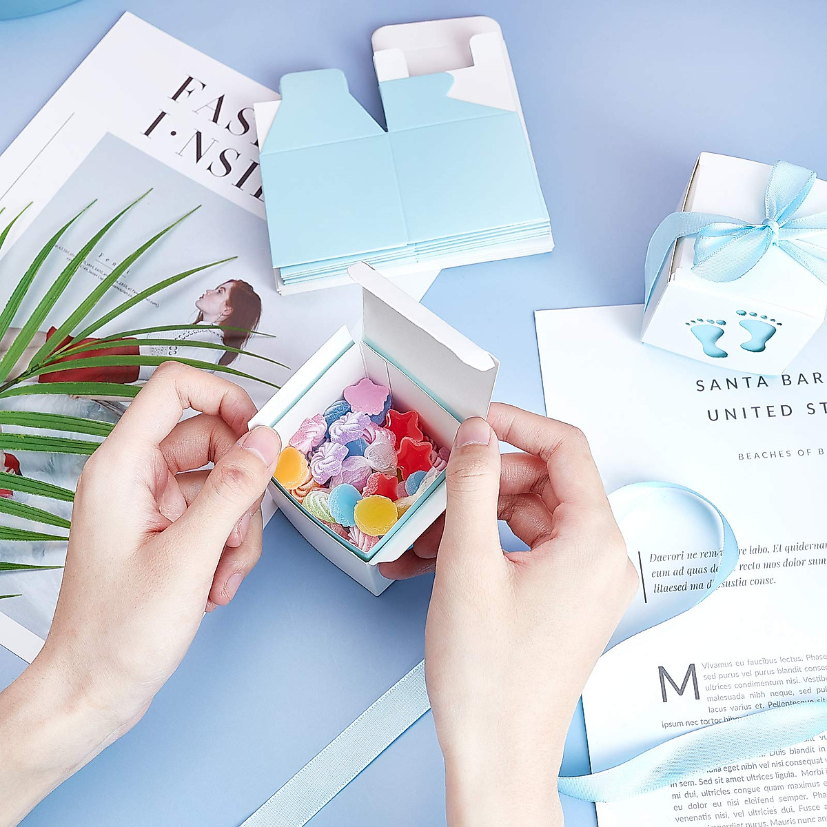 PH PandaHall 60 Sets Baby Shower Favor Boxes, Footprints Paper Gift Boxes Newborn Baby Folding Box with Ribbon for Gender Reveal Party Kindergarten Holiday Birthday Party Gift Favor, 2.4x2.4x2.4 Inch