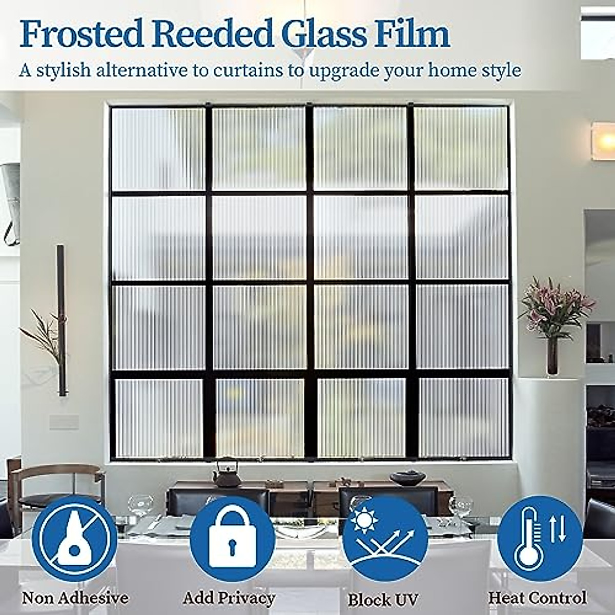 FEOMOS Reeded Glass Film, Window Privacy Film, 3D Glass Decals Film, Decorative Film for Window Door Cabinet Non Adhesive Anti UV 17.7 x 78.7 inches