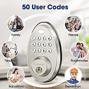 ELAMOR Keyless Entry Door Lock, Electronic Keypad Deadbolt, Auto Lock, 50 User Codes, Backlit Keypad & Easy Installation, Security IP54 Waterproof, Smart Lock for Front Door, Home, Apartment - M30 SN