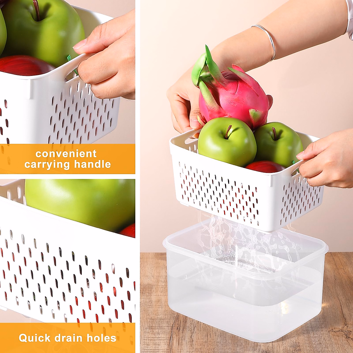 4 Pack Fruit Storage Containers for Fridge with Removable Colanders, Airtight Produce Vegetable Berry Containers for Fridge, All-In-One Food Storage Containers for Washing, Draining, Freshness