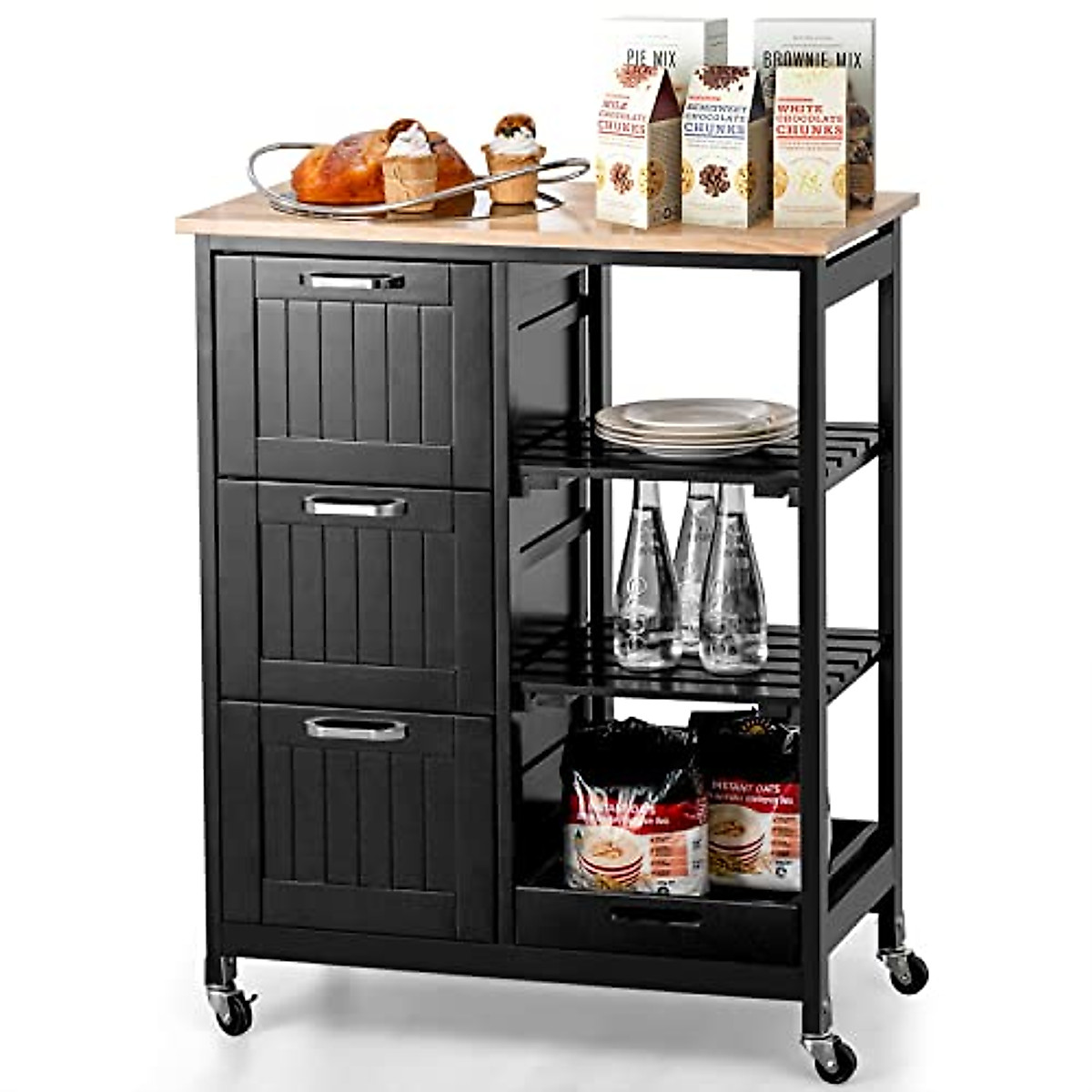 GOFLAME Kitchen Island Cart on Wheels with Storage, Versatile Rolling Cart with Wood Countertop, 3 Drawers, Removable Tray & Lockable Casters, Mobile Serving Trolley for Kitchen, Dining Room, Black