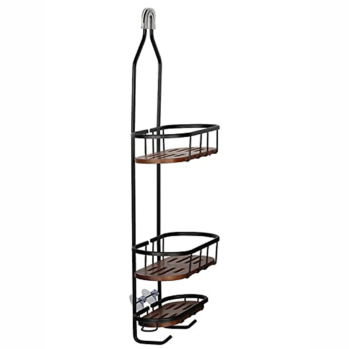 Utopia Alley Tia Rustproof Teak Overhead Shower Caddy with 3 Shelves - Decorative Shower Rack for Shampoo & Toiletries Storage, Hanging Shower Head Organizer - Black Finish