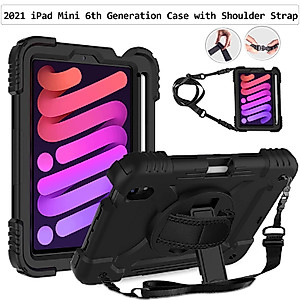 LTROP iPad Mini 6 Case 2021, iPad Mini 6th Generation Case for Kids, Heavy Duty Shockproof Cover with Pencil Holder/360 Rotating Stand/Hand Strap for iPad Mini 6th Generation 8.3 Inch 2021, Black