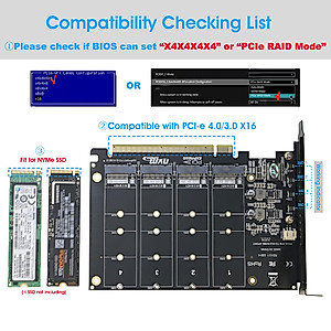 Quad NVMe PCIe Adapter, RIITOP 4 Ports M.2 NVMe SSD to PCI-e 4.0/3.0 x16 Card with Fan Support 2280/2260/2242/2230 NVMe SSD (PCI-e Bifurcation Required)