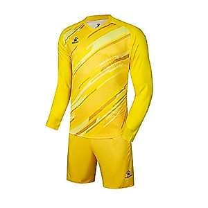 KELME Kids Customize Padded Goalie Shirt and Short, Boys Goalkeeper Jersey, Long Sleeve Turf Training Soccer Uniform, Youth Futsal Bundle Set Keeper Kit Clothes Yellow Kid 10